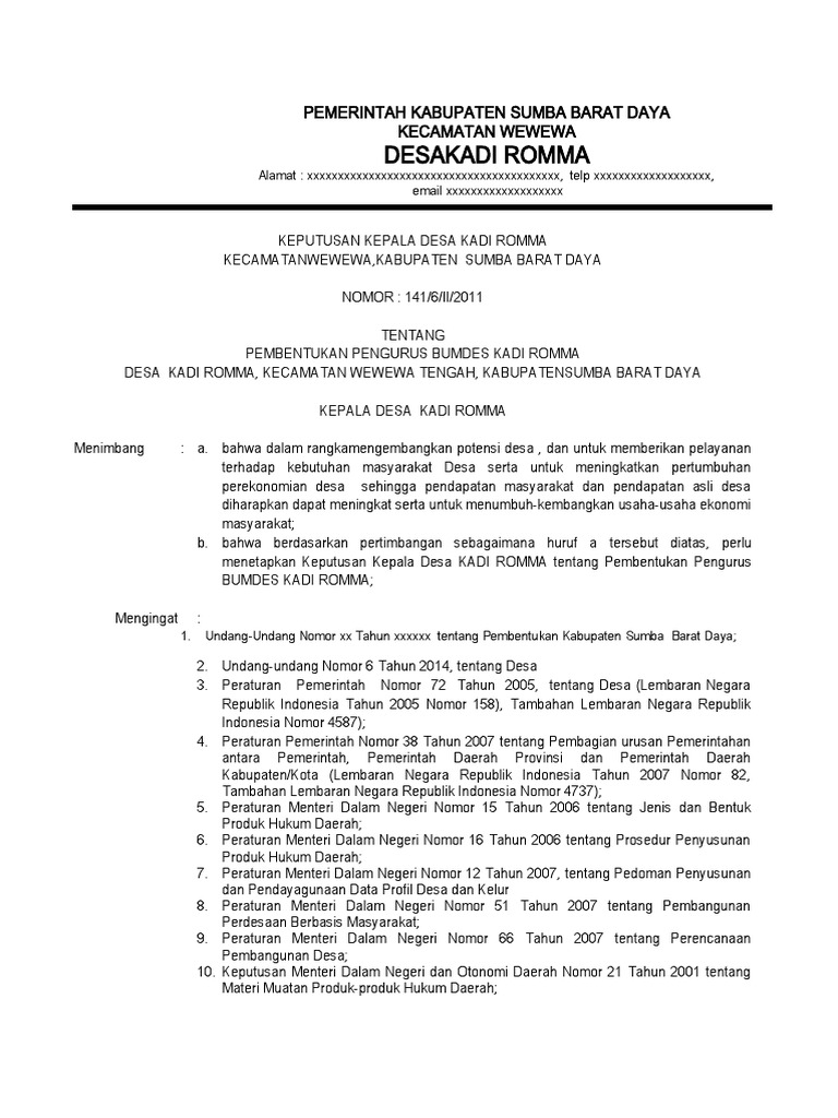 Contoh SK Pengurus Bumdes | PDF