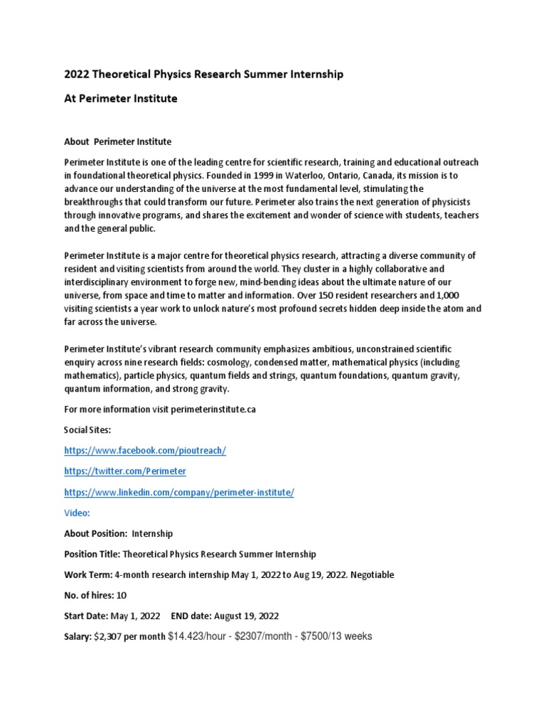 Perimeter Institute Theoretical Physics Research Summer Internship Jan ...