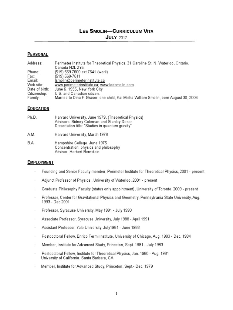 CV - Lee Smolin July 2017 | PDF | Lee Smolin | Quantum Gravity