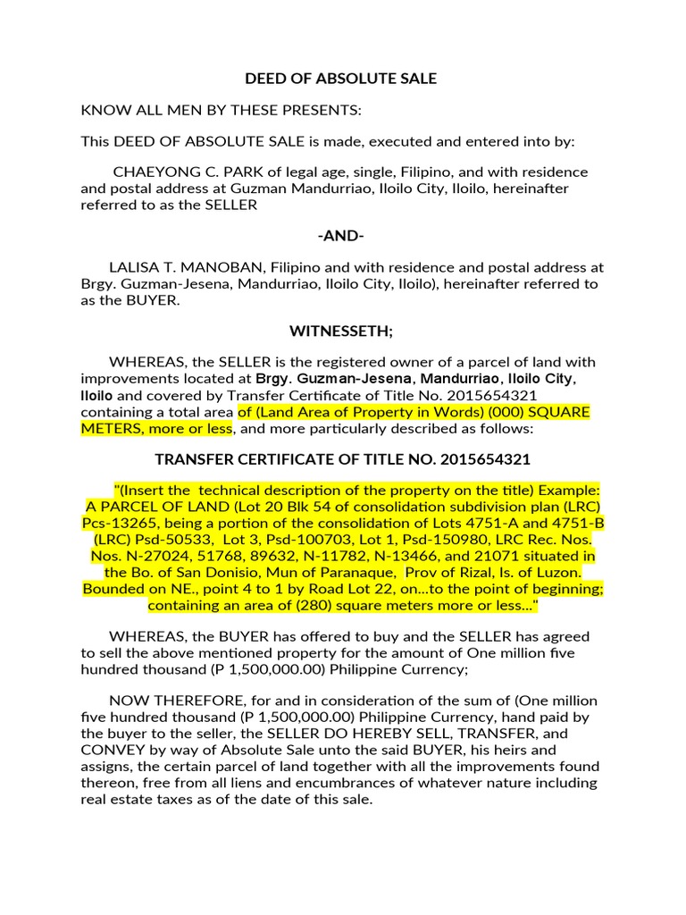 Deed of Absolute Sale | PDF | Sales | Land Law