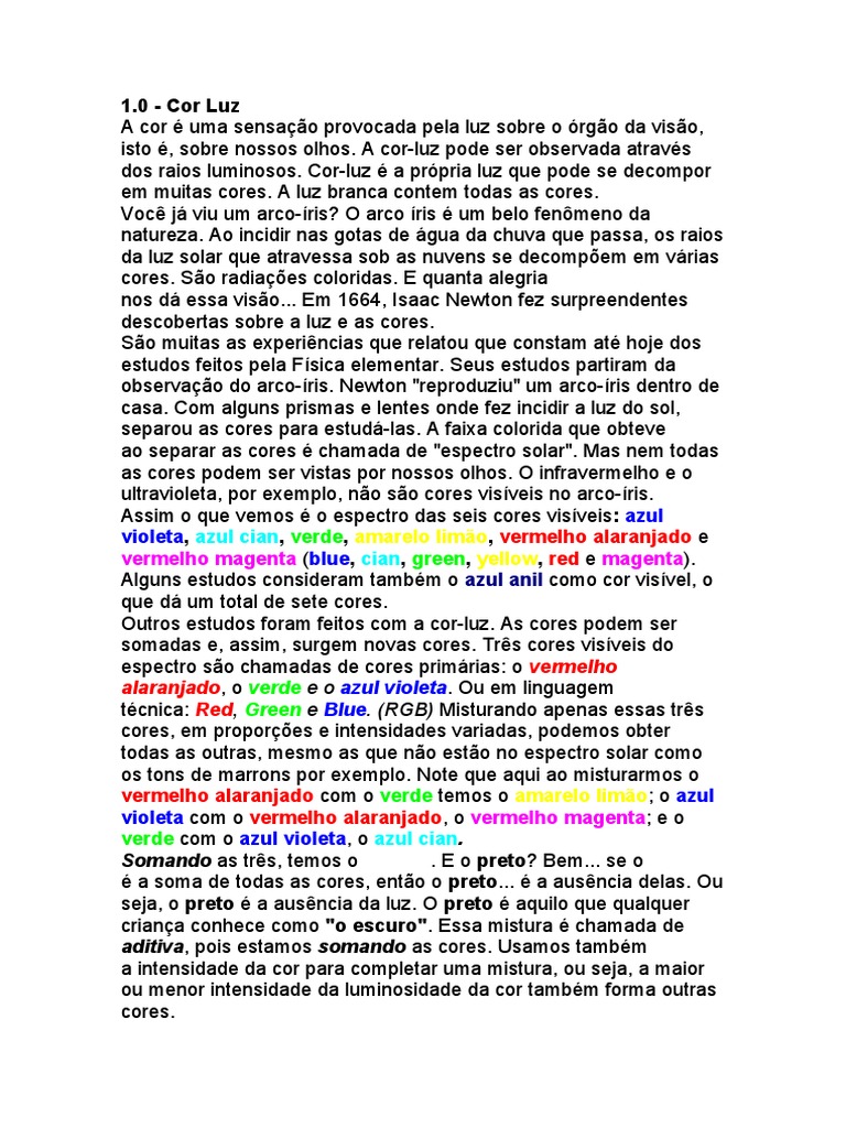 Diferenças entre Cor Luz e Cor Pigmento | PDF | Cor | Arco-íris