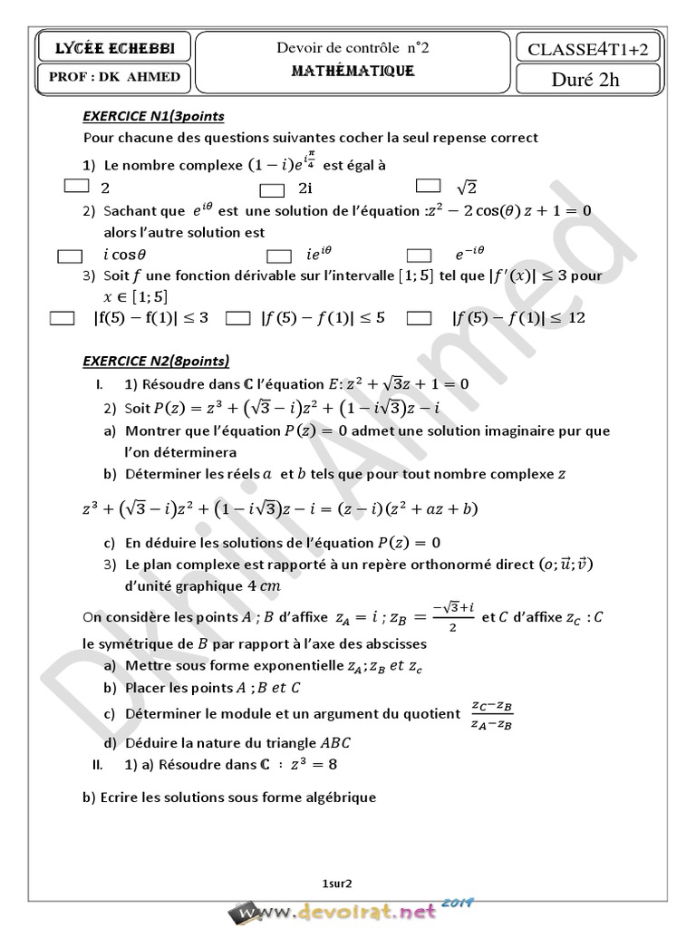 Devoir de Contrôle N°2 1er Semestre - Math - Bac Technique (2018-2019 ...