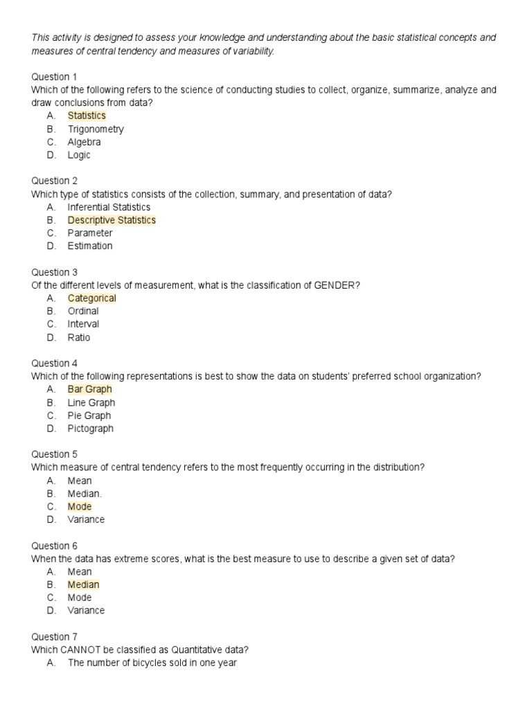 ASSESSMENT #1 STATS - Basic Statistical Concepts and Measures of ...