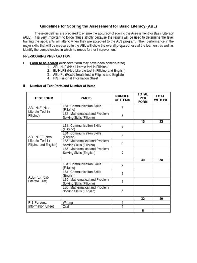 Guidelines For Scoring The Assessment For Basic Literacy ABL | PDF ...