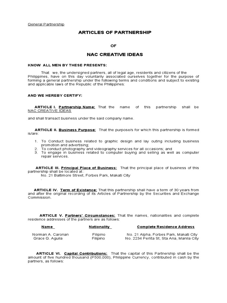 NAC Articles-of-Partnership-for-general-partnerships | PDF ...