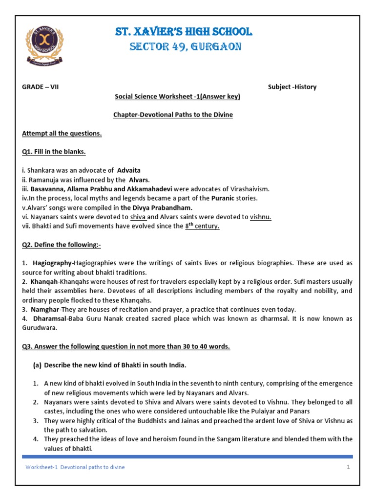 St. Xavier'S High School Sector 49, Gurgaon: Worksheet-1 Devotional ...