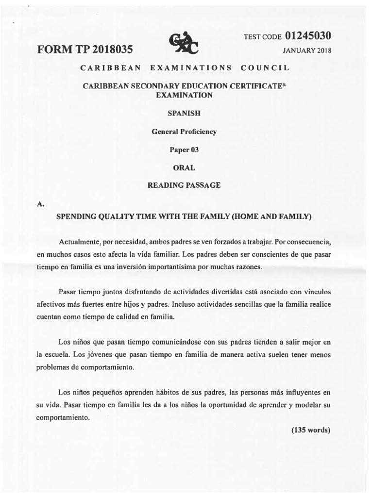 CSEC Spanish Orals Reading 2018 to 2011 | PDF