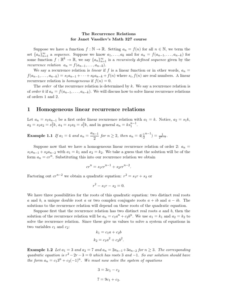 Recurrence Relations Download Free Pdf Recurrence Relation Quadratic Equation