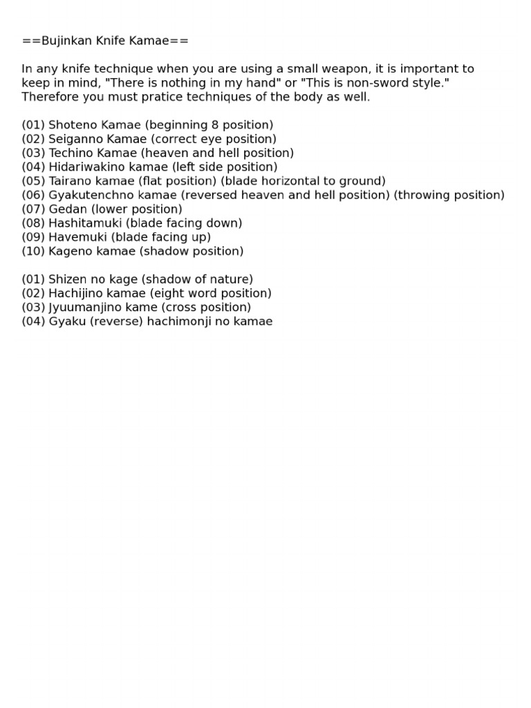 Bujinkan Koto Ryu Tanto Kamae (Knife Postures) | PDF