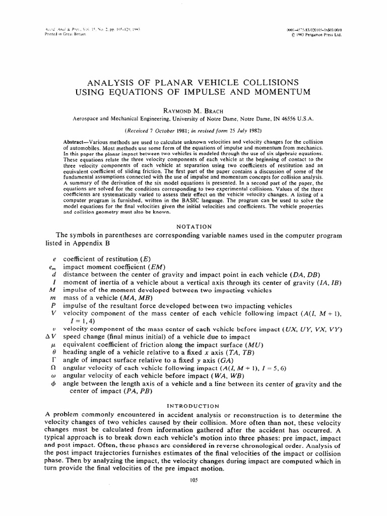 Planar Vehicle Collision Analysis | PDF | Collision | Force