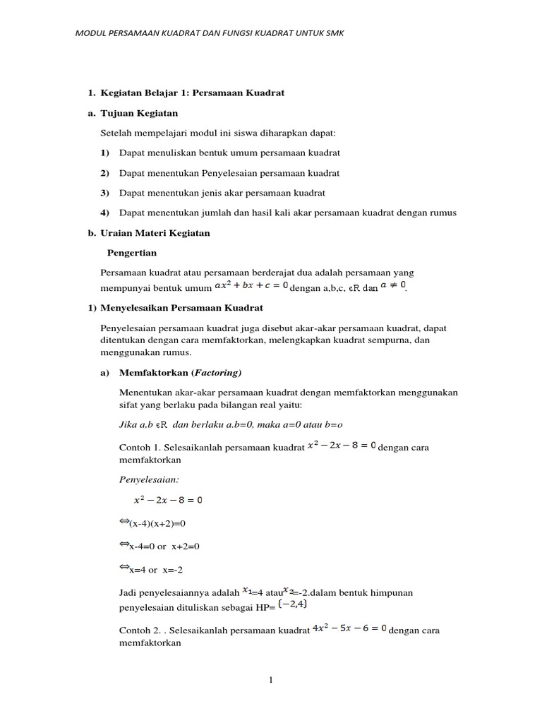 Modul Persamaan Dan Fungsi Kuadrat | PDF