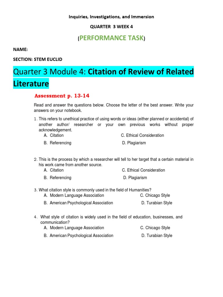 3i S q3 w4 Performance Tasks | PDF | Citation | American Psychological Association