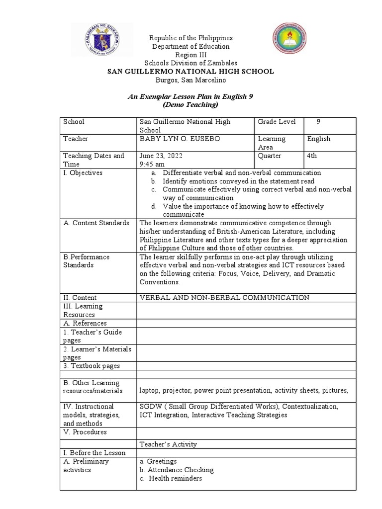 LP Exemplar in English 9 Verbal and Non Verbal | PDF | Nonverbal ...