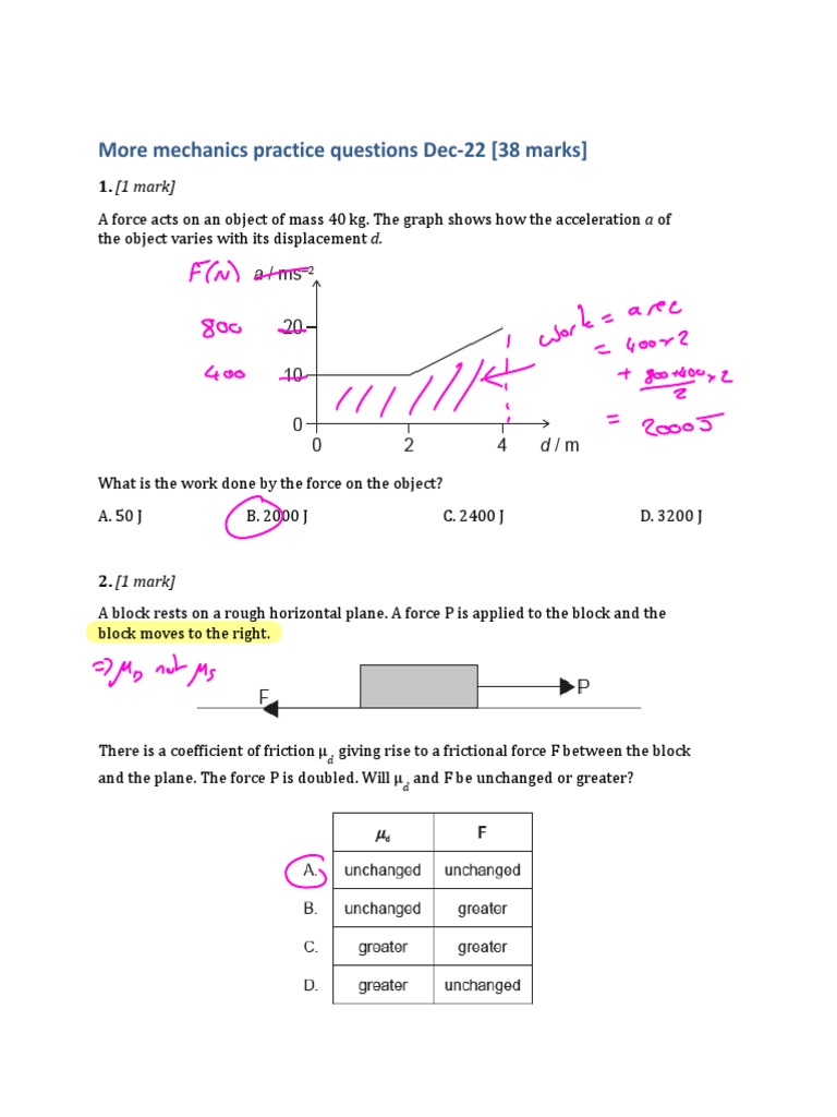 More Mechanics Practice Questions Dec-22 JT Answers | PDF | Force ...