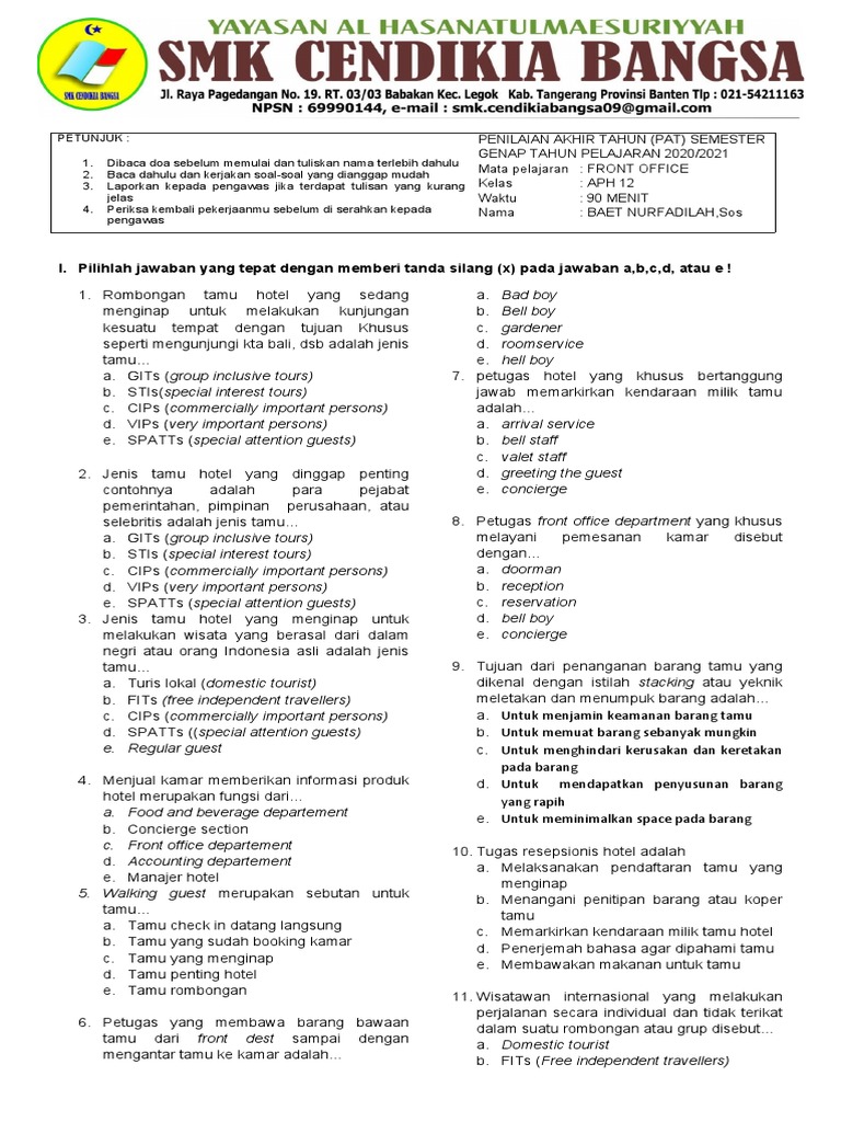 Soal Front Office 12 Aph | PDF