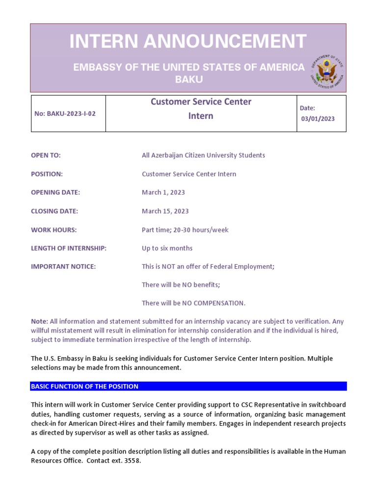 U.S. Embassy Baku Internship Announcement | PDF | Azerbaijan | Internship