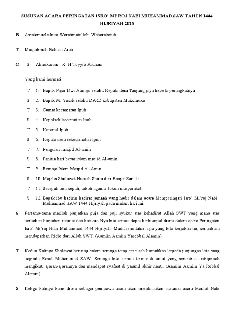 Susunan Acara Isro' Mi'roj Nabi Muhammad Saw Tahun 1444 Hijriyah 2023 | PDF