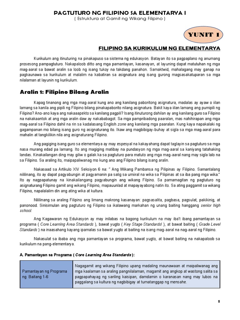 Pagtuturo NG Filipino Sa Elementarya I | PDF