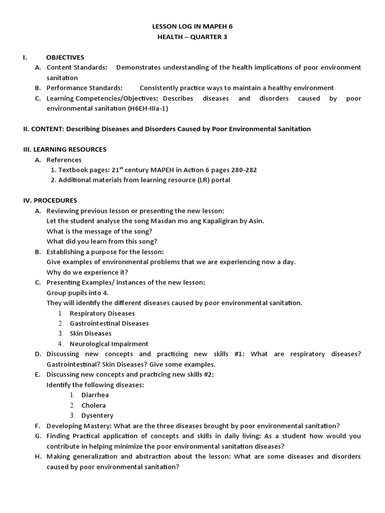 LESSON LOG IN MAPEH 6 For Observation | PDF | Gastrointestinal Tract ...