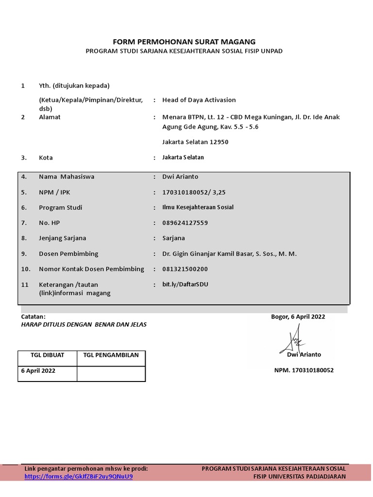 Form Permohonan Surat Magang Dwi Arianto | PDF