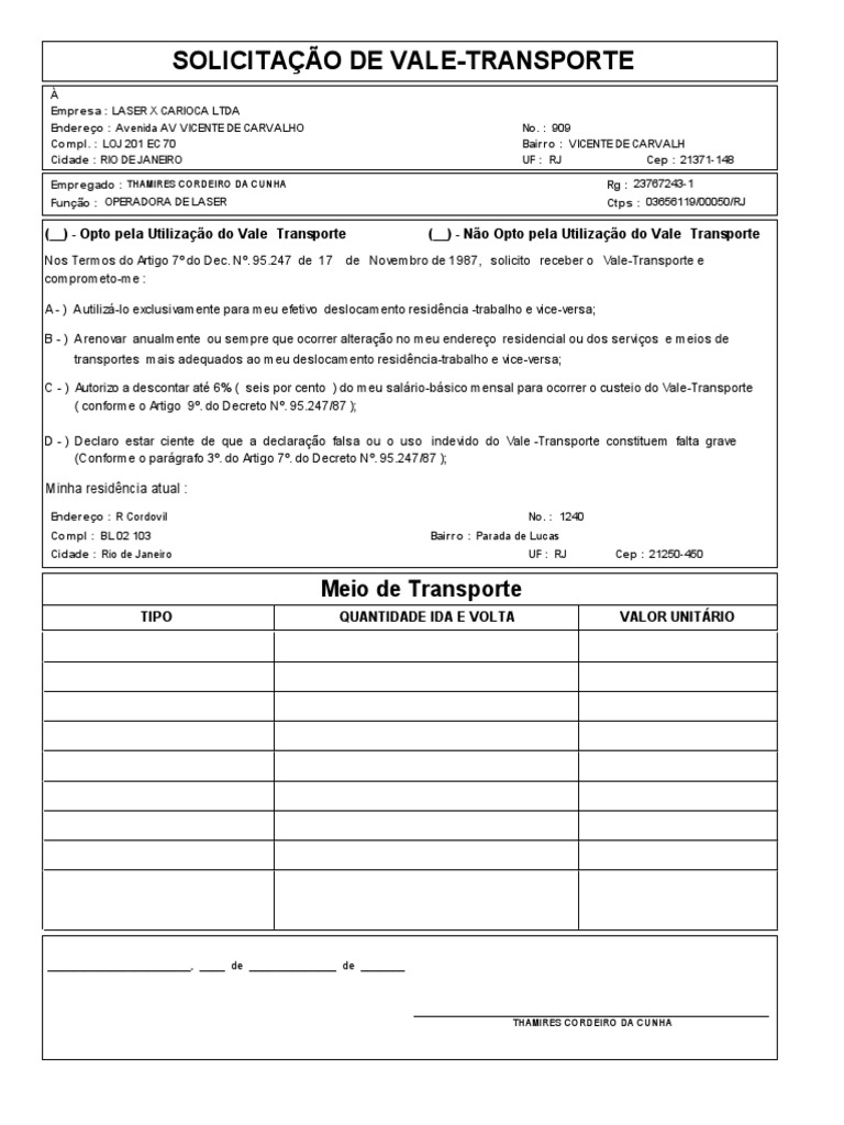 Solicitação de Vale-Transporte Thamires | PDF