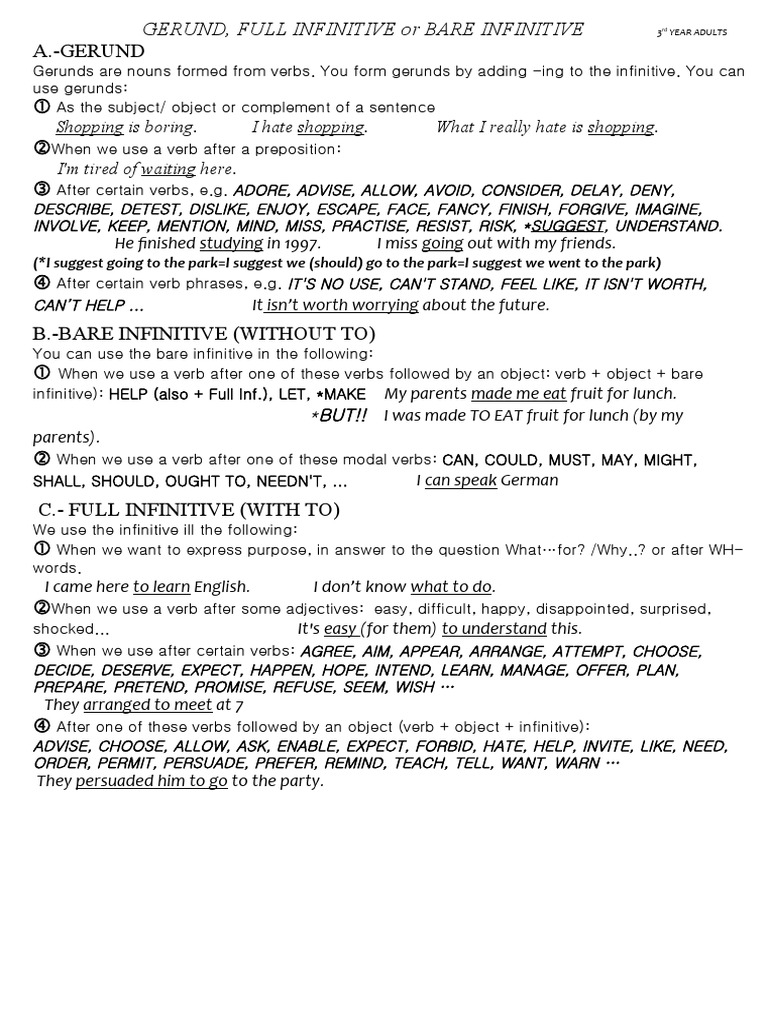 Gerunds & Infinitives Chart | PDF | Verb | Grammar