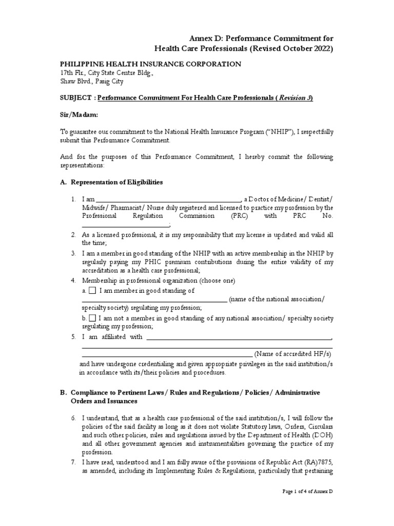 Annex D: Performance Commitment For Health Care Professionals (Revised ...