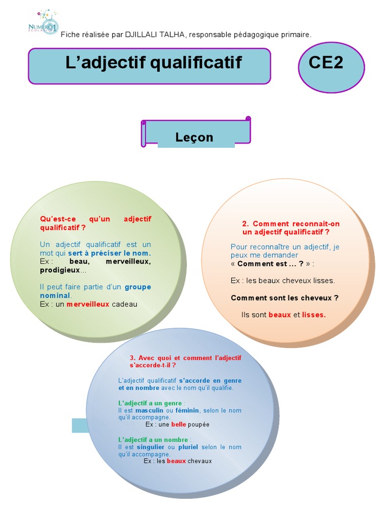 Adjectif Qualificatif CE2 : Leçon et Exercices | PDF | Arts du langage ...