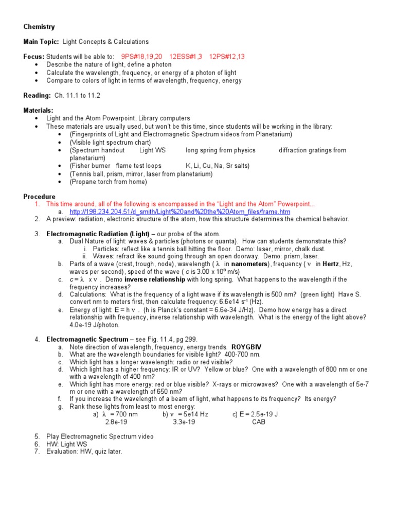 001 Light Concepts & Calculations | PDF | Light | Frequency