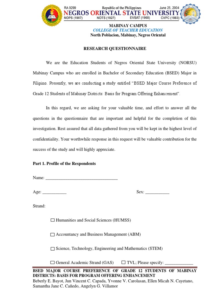 QUESTIONNAIRE | PDF | Bachelor Of Science