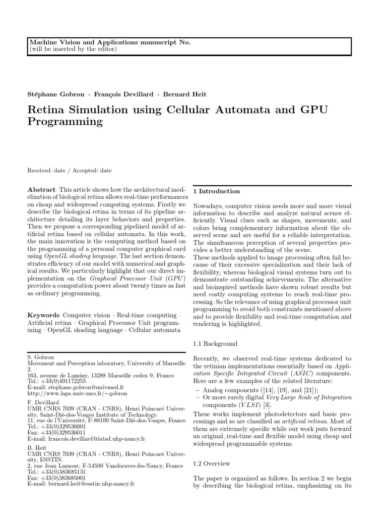 Retina Simulation Using Cellular Automata And Gpu Programming