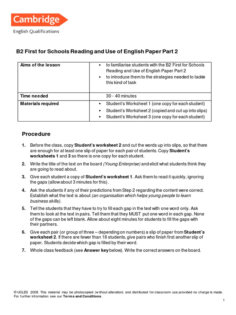 Cambridge English b2 First For Schools Reading and Use of English Part ...