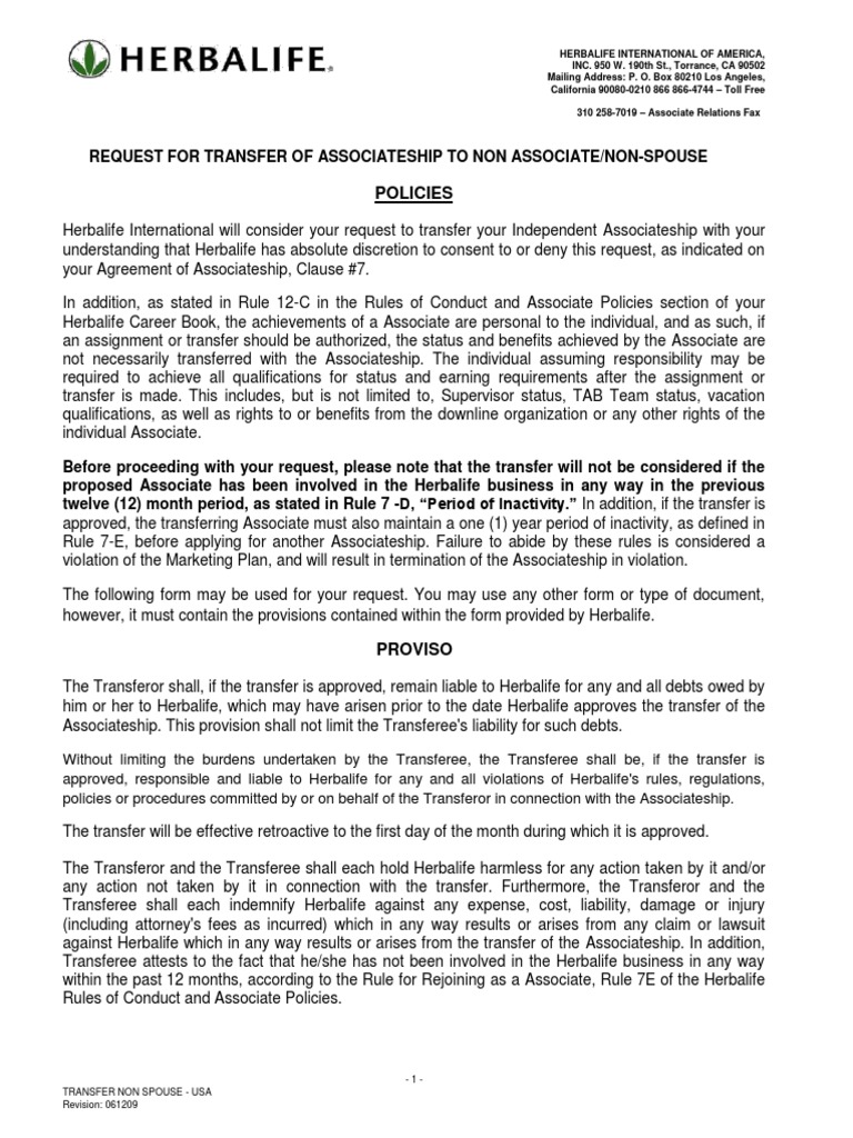 Herbalife Associateship Transfer Request | PDF | Legal Liability | Justice