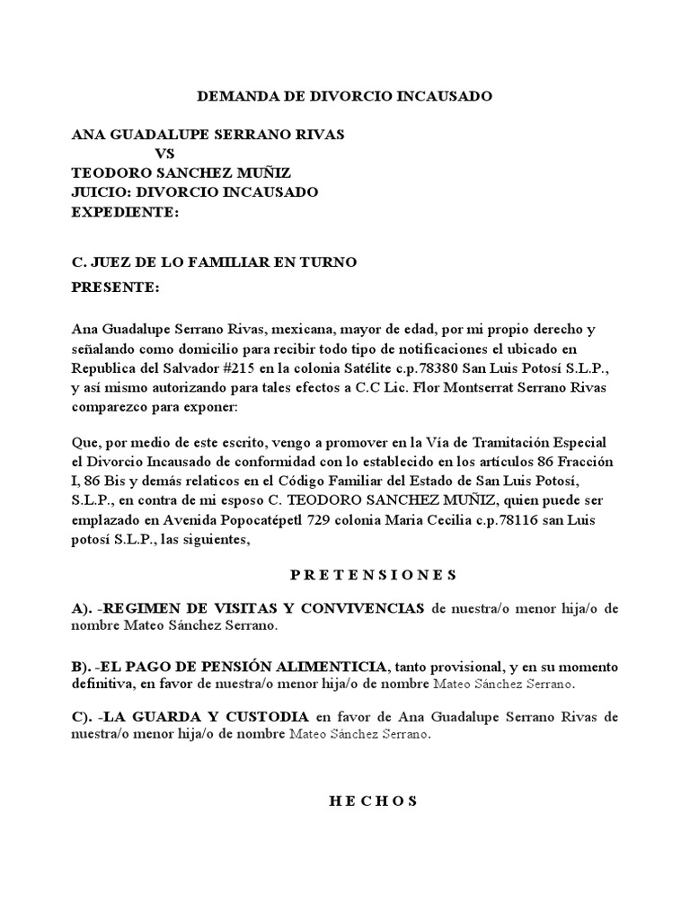 Demanda De Divorcio Incausado Slp Pdf Divorcio Demanda Judicial