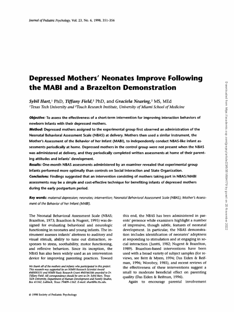 1998 Sybil Hart Depressed Mothers Neonates Improve Following The MABI ...
