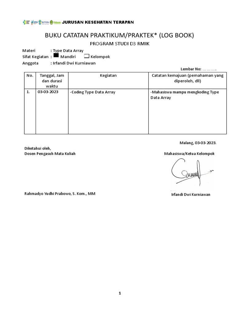 Irfandi Dwi Kurniawan - 1C - P17410224113 - Logbook Praktikum - TM6 | PDF