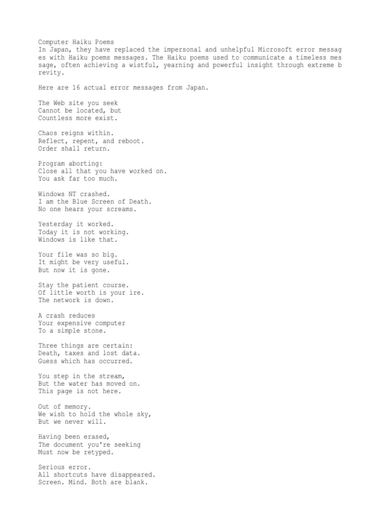 Computer Haiku Poems | PDF | Microsoft Windows | Computer Architecture