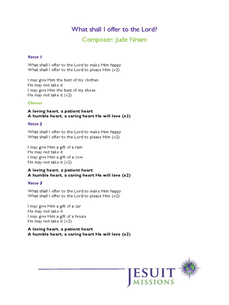 What Shall I Offer To The Lord Lyrics Primary School | PDF