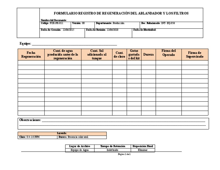 FOR-PR-011 Formulario Registro de Regeneración Del Ablandador y Los Filtros | PDF