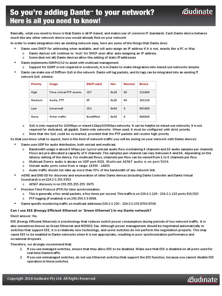 Adding Dante To Your Network Audinate | PDF | Multicast | Computer Network