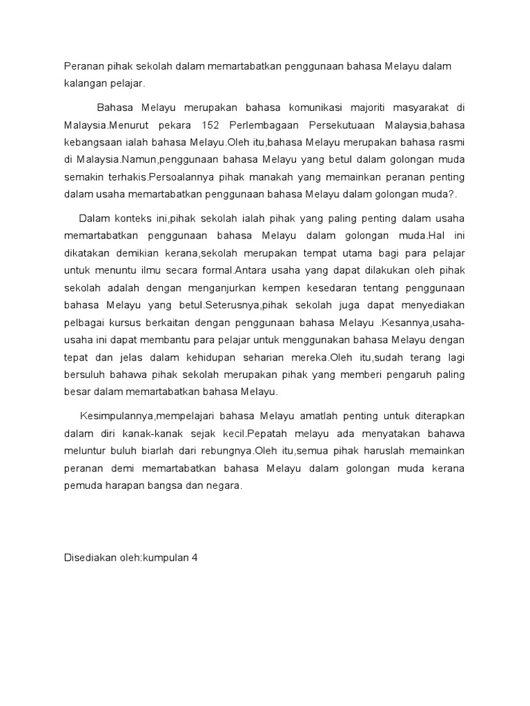 Peranan Pihak Sekolah Dalam Memartabatkan Penggunaan Bahasa Melayu | PDF Peranan Pihak Sekolah Dalam Memartabatkan Penggunaan Bahasa Melayu | PDF