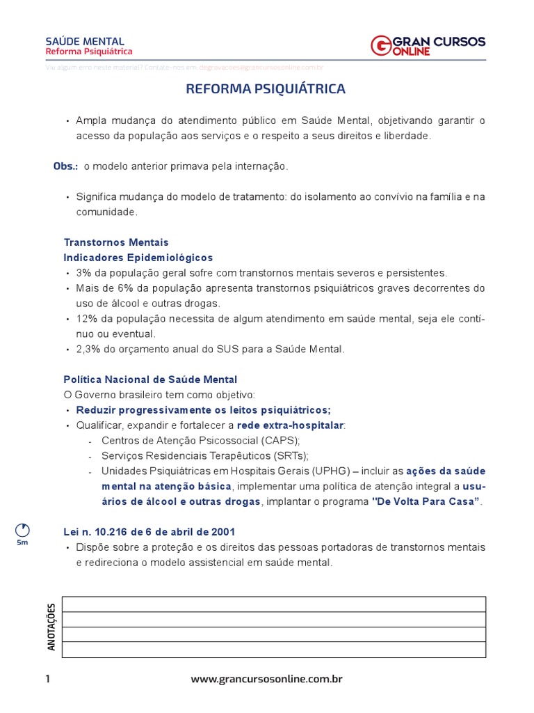 REFORMA PSIQUIÁTRICA (Aula 01 A 03) | PDF | Saúde mental | Psiquiatria REFORMA PSIQUIÁTRICA (Aula 01 A 03) | PDF | Saúde mental | Psiquiatria