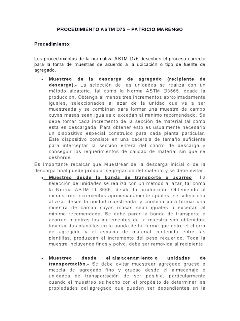 Procedimiento ASTM D75 | PDF | Muestreo (Estadísticas) | Ciencias fisicas