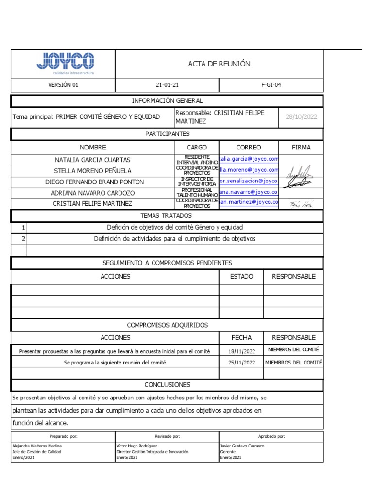 Acta de Reunión Genero y Equidad 1 | PDF