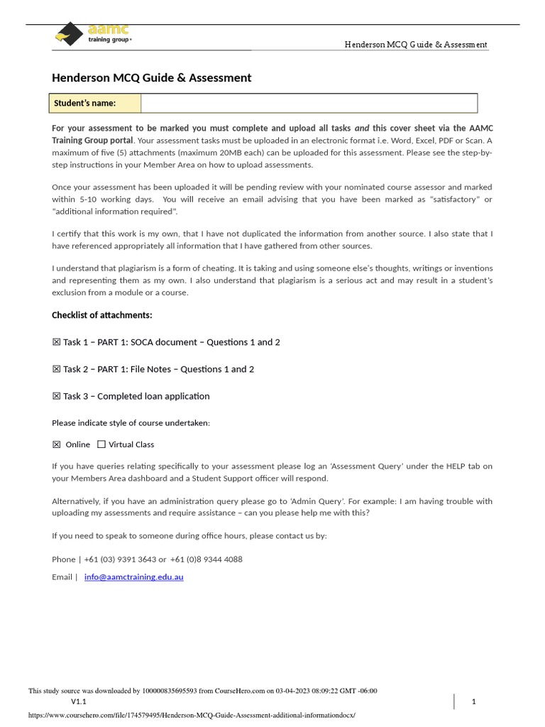 Henderson MCQ Guide Assessment Additional Information | PDF