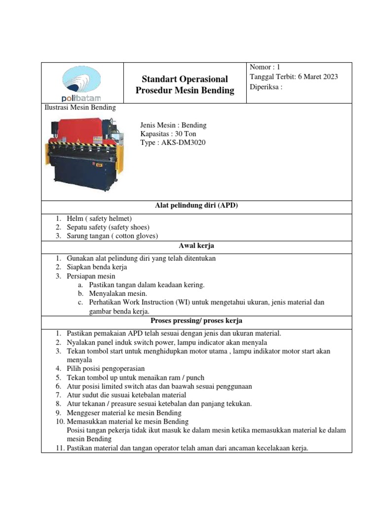 Standart Operasional Prosedur Mesin Bending | PDF