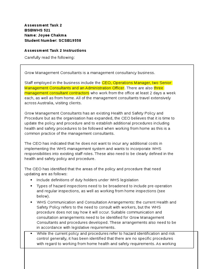 BSBWHS521 AT2 .1 Revised Policy and Procedures Joyee Chakma 8th January ...