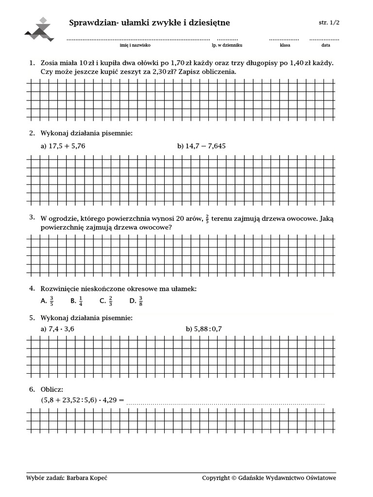 Sprawdzian KL 6 - Ułamki Zwykłe I Dziesiętne (1) Matma | PDF