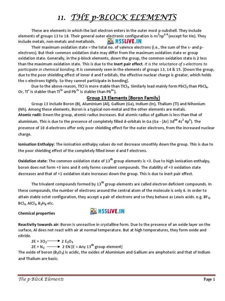 Hsslive-Xi-Chemistry-11. The P-Block Elements-Anil-Sir | Download Free PDF | Carbon | Carbon Dioxide