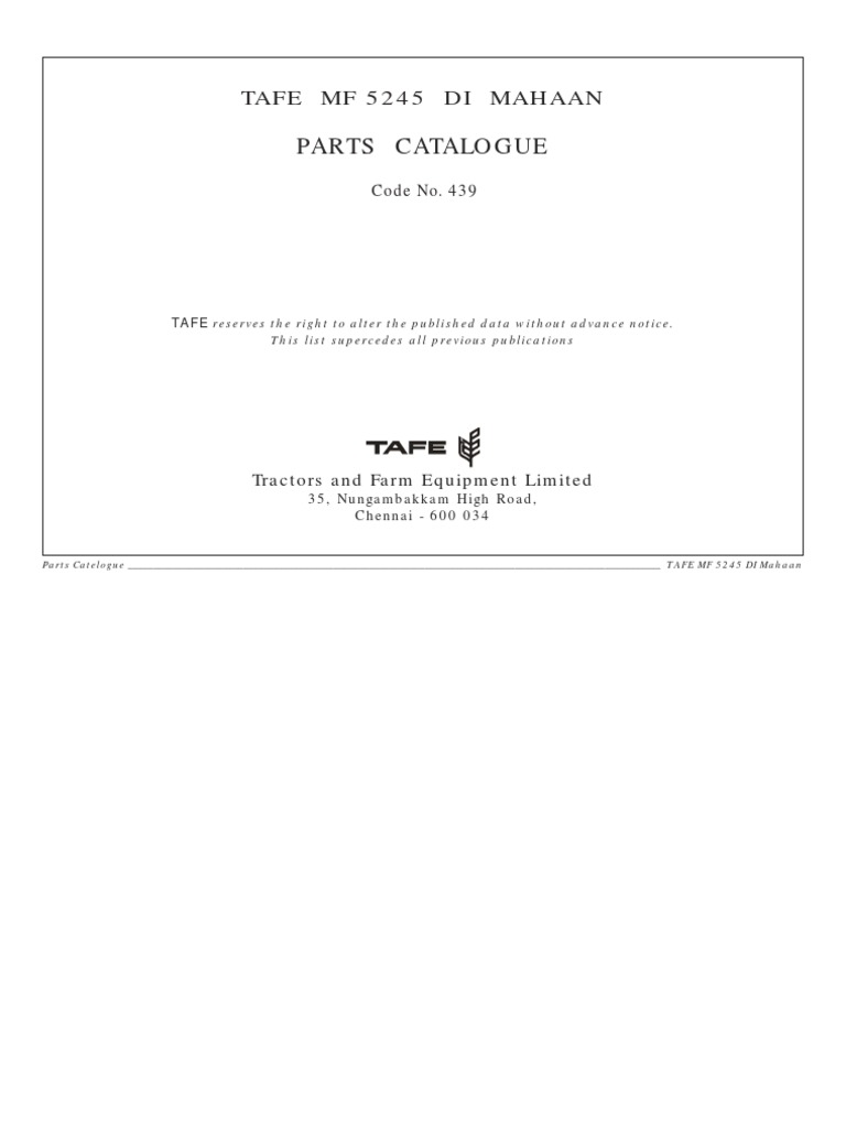 TAFE MF 5245 DI Mahaan Parts Catalogue | PDF | Tractor | Screw